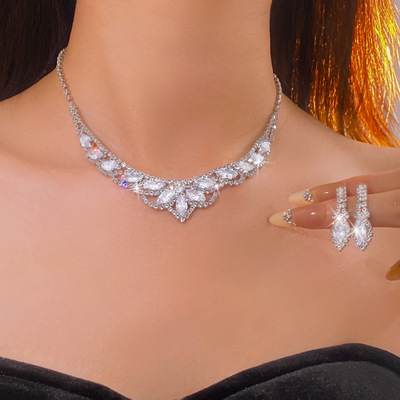 复古镶钻水滴U形耳环锁骨链套装