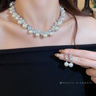 法式镶钻珍珠首饰套装轻奢百搭