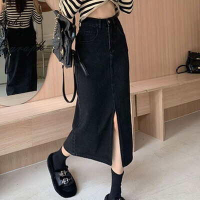 极速Denim Skirts Women Slit Vintage Fashion Spring HWigh Wai
