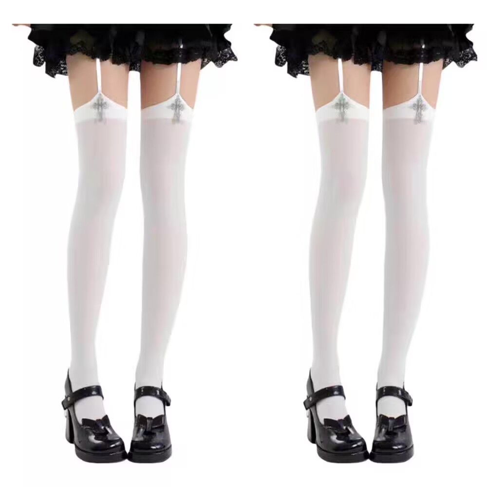 原创立体十字架性吊带一体过膝袜Lolita天鹅绒黑白纯色少女长筒袜