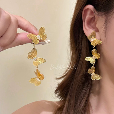 南法卢浮镂空蝴蝶金色流苏耳环