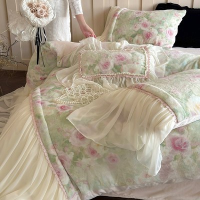 法式油画风冬季保暖细腻牛奶绒四A件套花卉印染少女心被套床品绿