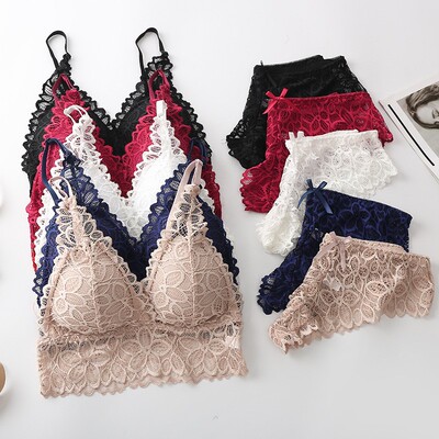 Women Lace Bra Set Deep V Bra and Panties Set Lace Bralette