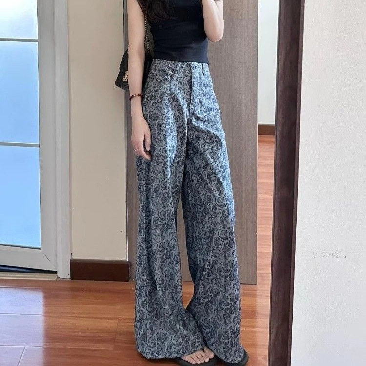 印花松紧腰慵懒风休闲裤子女夏秋季高腰直筒薄款碎花拖地阔腿长裤