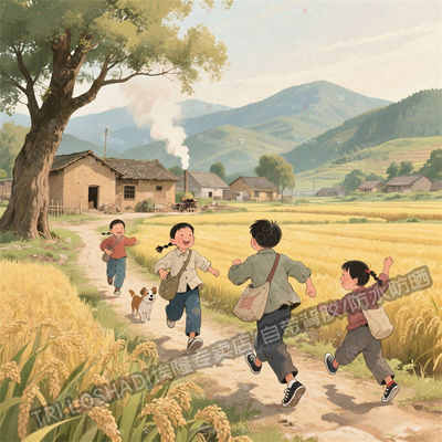 农村八零年代小孩田野间嬉戏贴画海报客厅卧室出租屋怀旧童年回忆