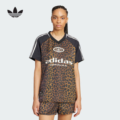 adidas阿迪达斯三叶草休闲豹纹印花运动短袖V领T恤夏女上衣KA2671