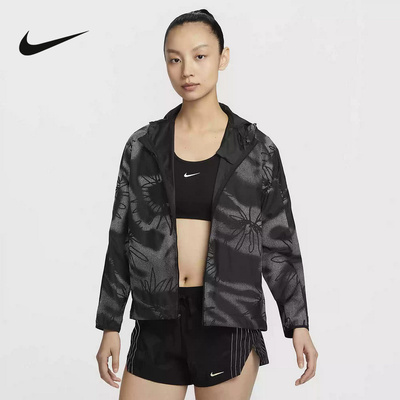 NIKE耐克外套女春新款运动休闲图案印花连帽夹克黑色HJ2194-010