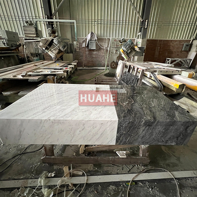 双拼天然大理石茶几 撞色纹路轻奢餐桌台面家用客厅酒店别墅饭台