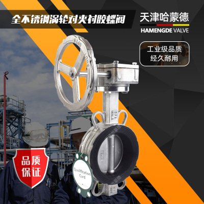 天津哈蒙德全不锈钢涡轮对夹衬胶蝶阀蜗杆挂胶304/316L材质80 100