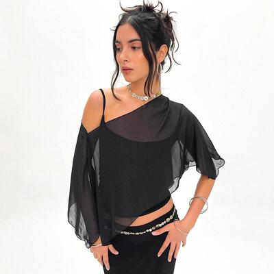 Women Color Sheer Mesh Breathable Crop Asymmetrical Cami
