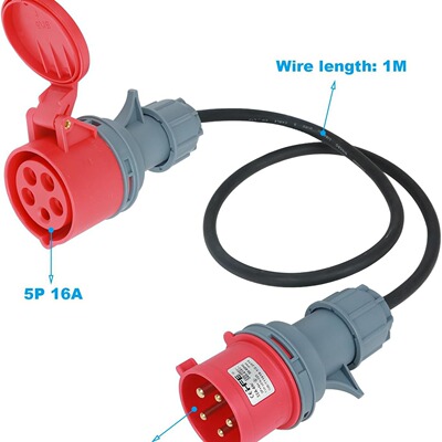 五芯32A工业插头IP44连接器5P16A红色连接器总长50CM电源线一拖一