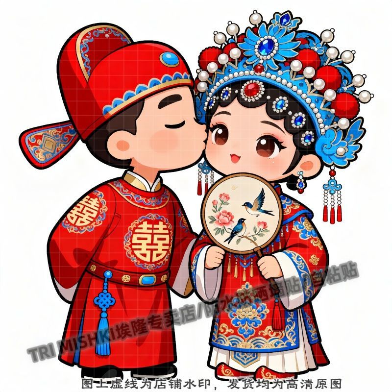 古风郎才女貌婚房情侣装饰贴纸客厅玄关装饰贴纸冰箱门窗墙面防水
