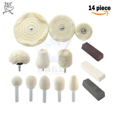 热销产品14pcs电动6mm杆抛光工具金属固体蜡羊毛磨头纯棉布轮
