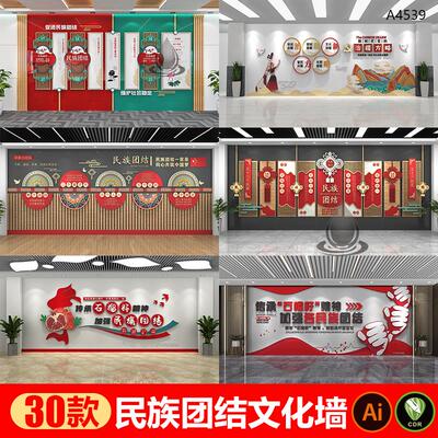56个民族团结文化墙各民族团结石榴籽精神展板CDR/AI设计素材模版