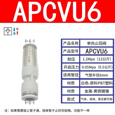 白气动SPV/SPU-04/6/8/10/12mm快插气管APCVU单向阀逆止回阀接头