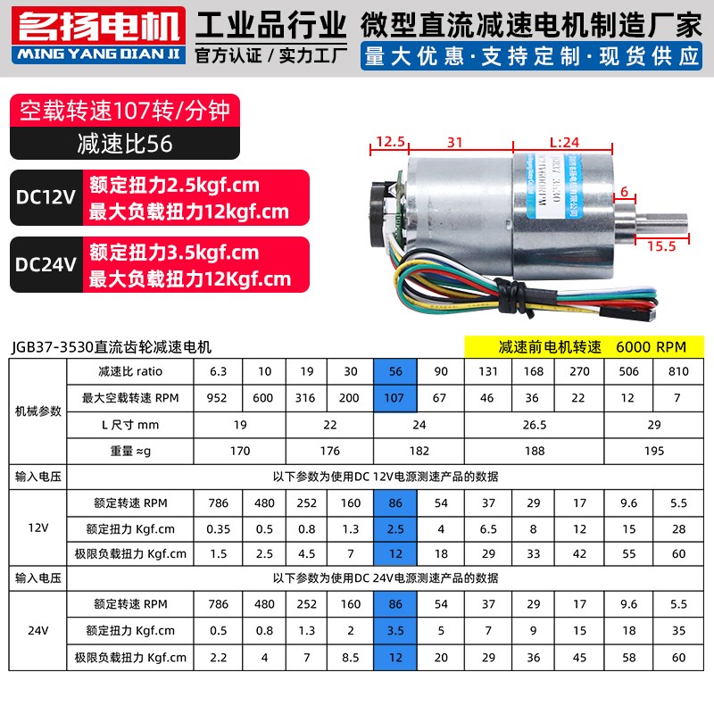 直流减速电机12v24v带编码器名扬JGB37-3530B大扭矩微型小型马达