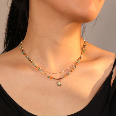 花瓣坠 民族风彩色天然石手工项链设计捷克珠串珠小众锁骨链女夏