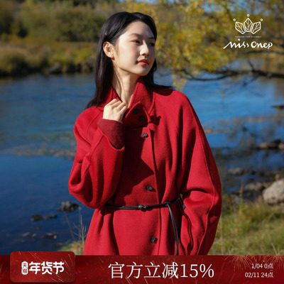 新年红色立领斜扣长款毛呢外套