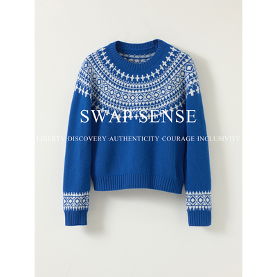 SWAP SENSE· 蓝色费尔岛提花毛衣保暖厚实复古慵懒宽松针织衫