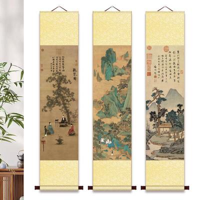 中式古风国画桃源仙境品茶听琴图装饰画卷轴挂画丝绸绢布挂轴古画