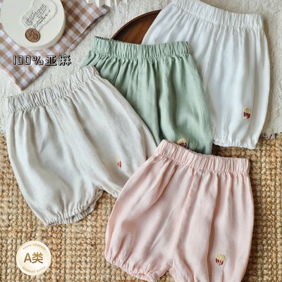 北欧女童A类亚麻夏装韩版刺绣短裤卡通百搭灯笼裤大pp裤薄款