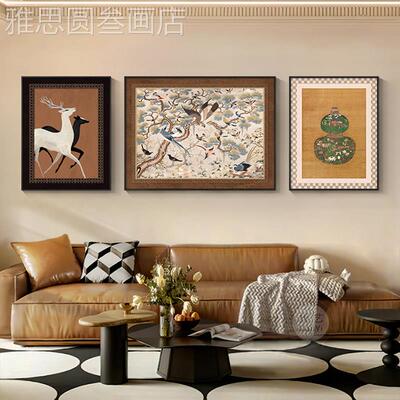 金豹钱寓画意大气客装饰中古风沙发背景墙挂画高厅级感复古三联画