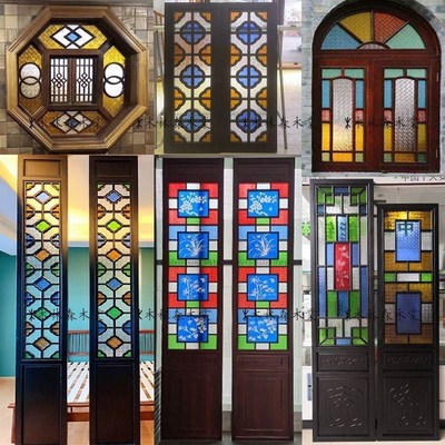 岭南特色西关风情满洲窗海棠彩色压D花艺术玻璃实木门窗琉璃屏风