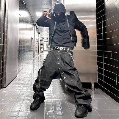 DND4DES 美式覆古设计感弯曲长排扣baggy廓形丹宁原牛弯刀牛仔裤