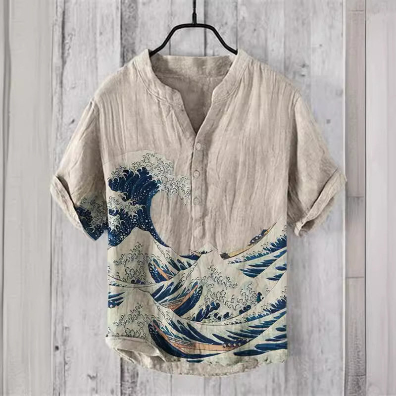 V领三粒扣休闲短袖衬衫V-neck three buton casual short sleeved