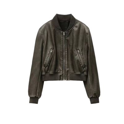 Stand up collar leather jacket jacket立领皮衣夹克短款外套女