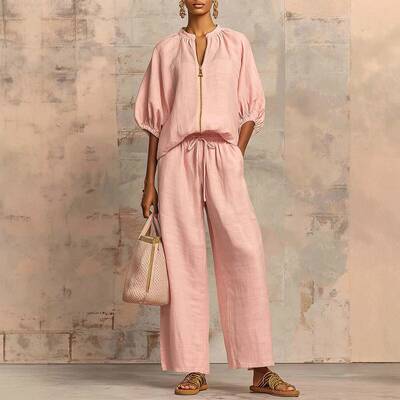Womens Summer Relaxed Set Quarter Zip Pullover Top & Wide