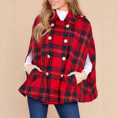 Womens Plaid Jacket Double Breasted Winter Cape Coats Turn
