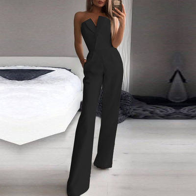 Solid color mid waist jumpsuit for women纯色中腰修身连体裤女