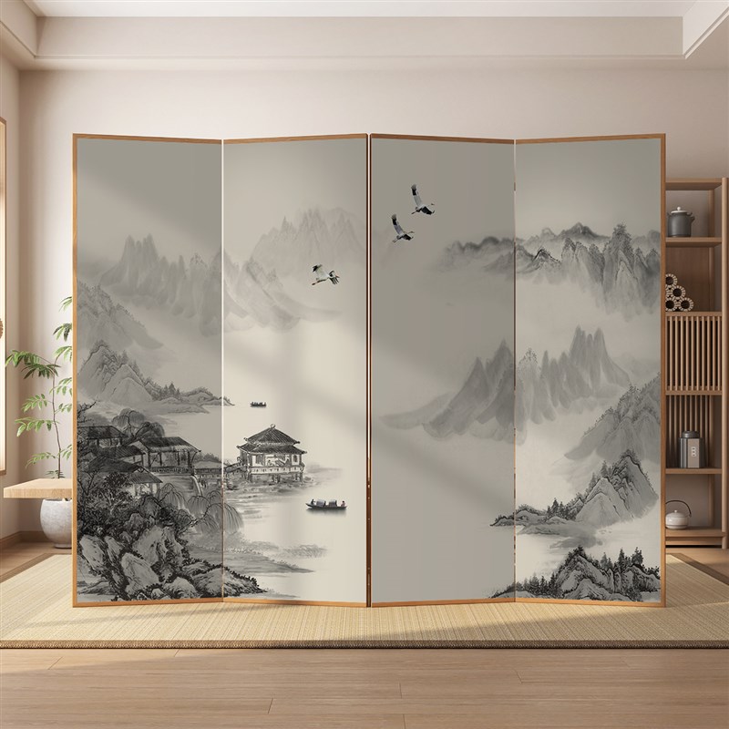 新中式实木屏风隔断客厅可折叠移动酒店遮挡简约山水画装饰办公室