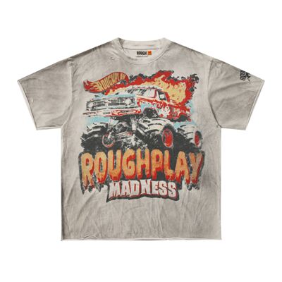 RoughPlay美潮时尚洗水破洞做旧复古印花烫钻拼接短袖夏季潮流T恤