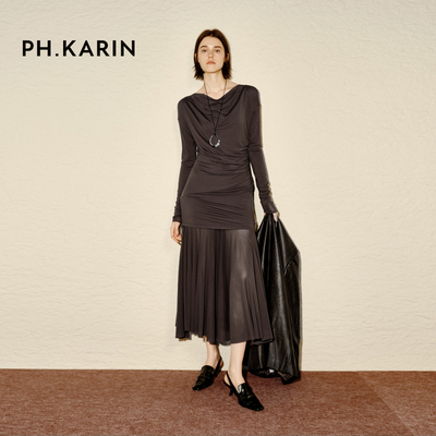 【趣行都市】PH KARIN天丝混纺针织拼接长袖连衣裙女25秋季通勤