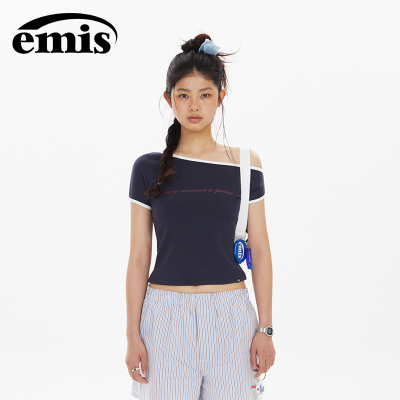 emis单肩不对称上衣藏青色短袖