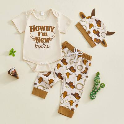 Baby Boy 3 Piece Outfit Set Cowboy Boots Cattle Head Print