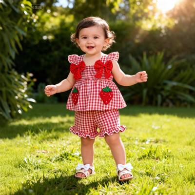 Toddler Baby Girl Summer Clothes Cute Plaid Bows Strawberry