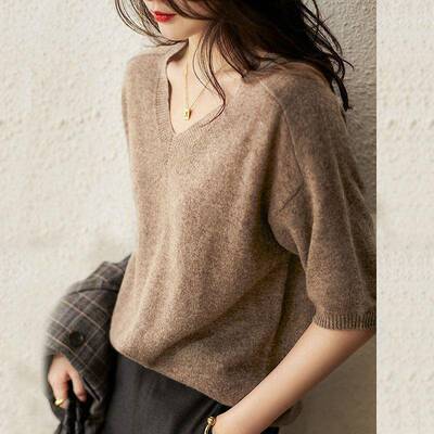New Basic Knitted Short Sleeve T-Shirt For Women Thin Loose