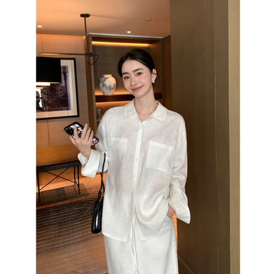 Maven Lin 高智随性通勤白领1OO亚麻衬衫女简约白色宽松衬衣开衫