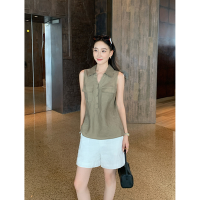 Maven Lin 老钱风松弛1OO亚麻无袖衬衫女通勤Polo领飘带衬衣