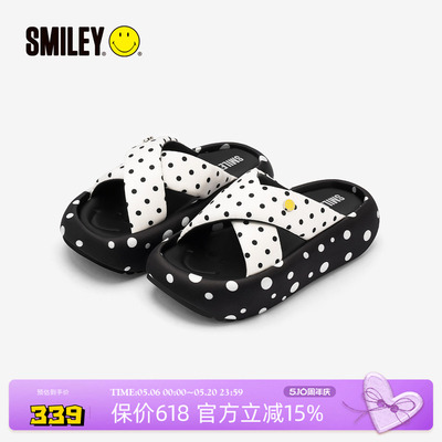 SMILEY笑脸白黑波点交叉带拖鞋子