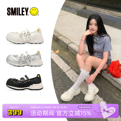 SMILEY笑脸亮片女圆头白色蝴蝶结浅口蕾丝运动玛丽珍温柔休闲鞋子