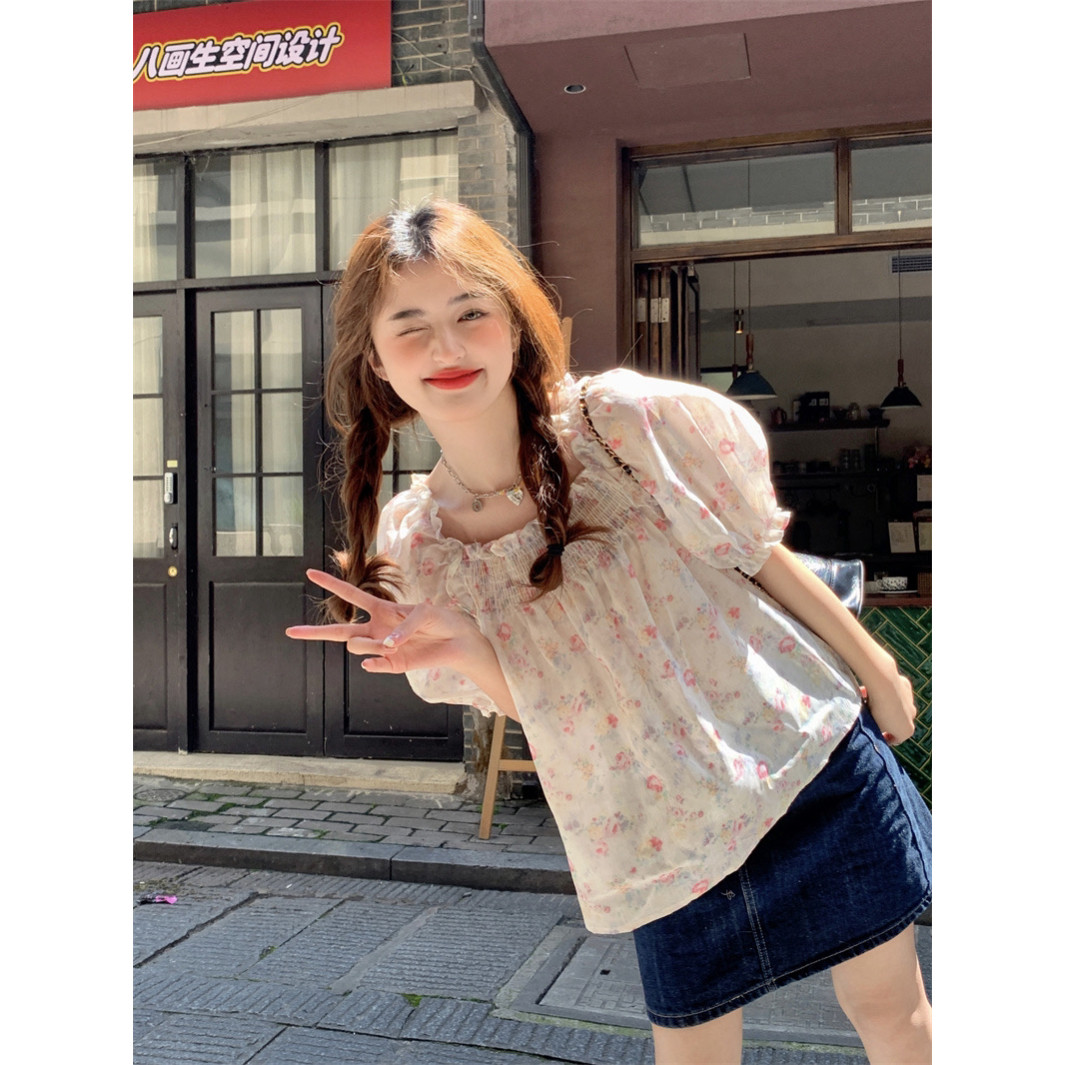 范雯雯 花信之约 碎花方领泡泡袖衬衫女夏季法式温柔甜美短袖上衣