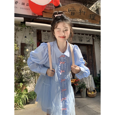 碧波海盐泡泡袖蝴蝶结短裙子女