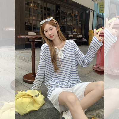 纯棉蓝白条纹系带打底衫女胖mm潮