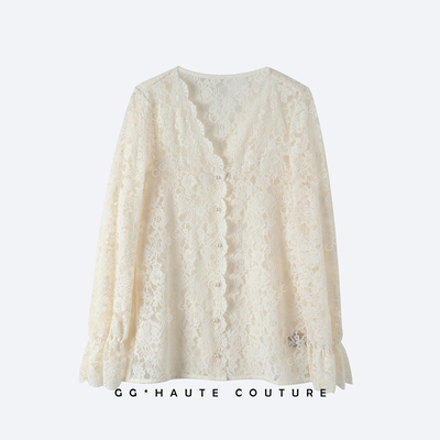 【格格来了】2026早春新款韩系百搭蕾丝V领打底衫女