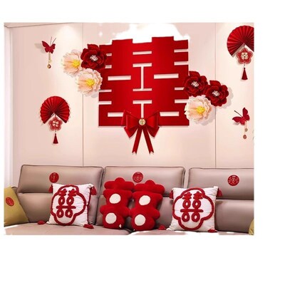 速发厅房布置结婚礼男方方房间拉沙套装新房客婚花发背景墙装饰