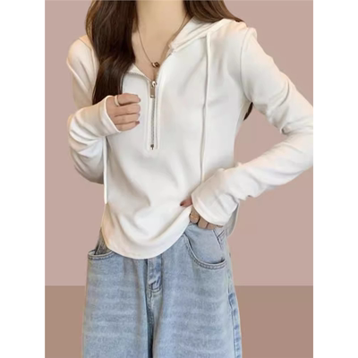 女士长袖t恤连帽半拉链爆款上衣